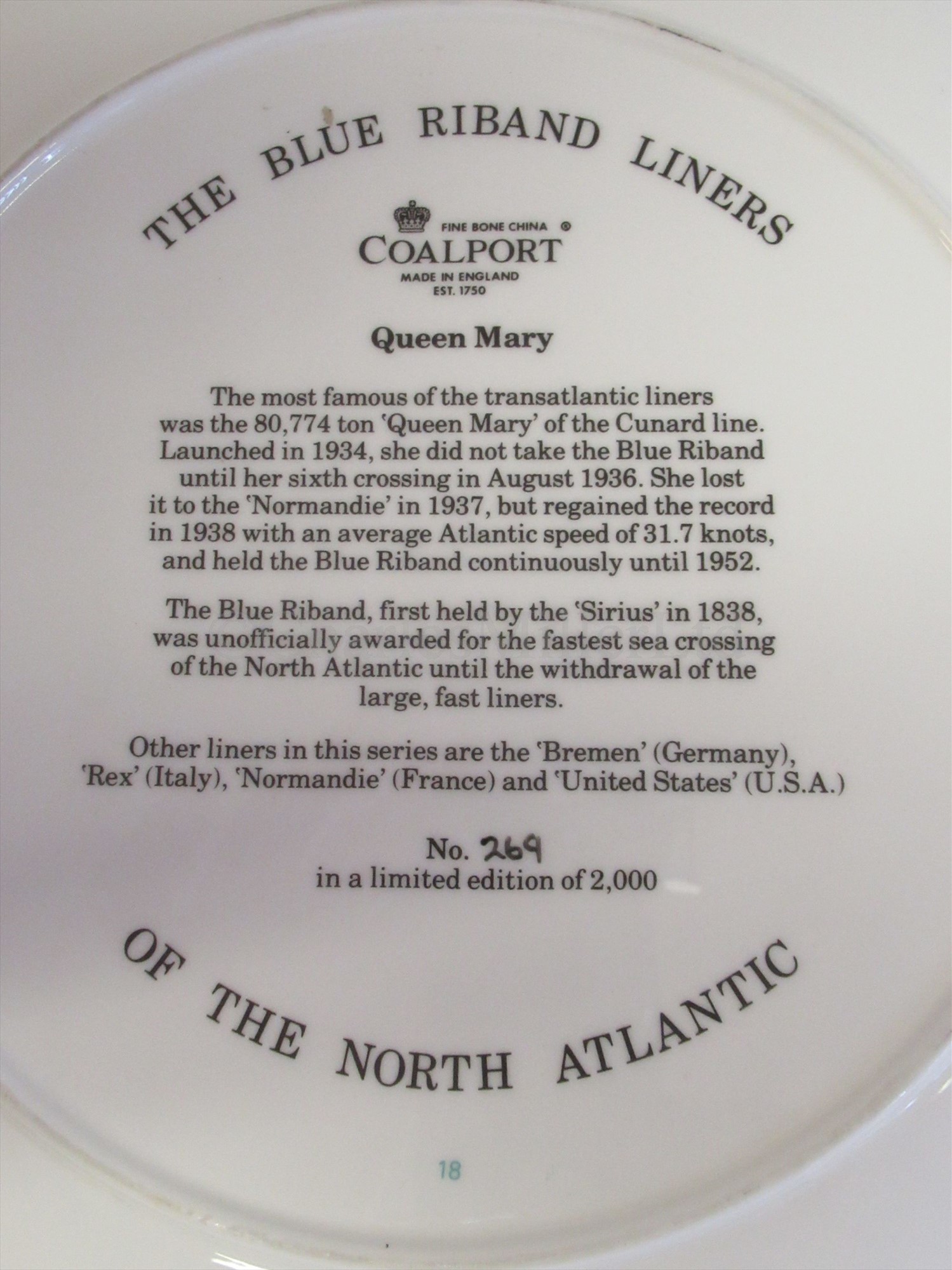 Lot 9 - Blue Riband Liners: A souvenir picture plate o