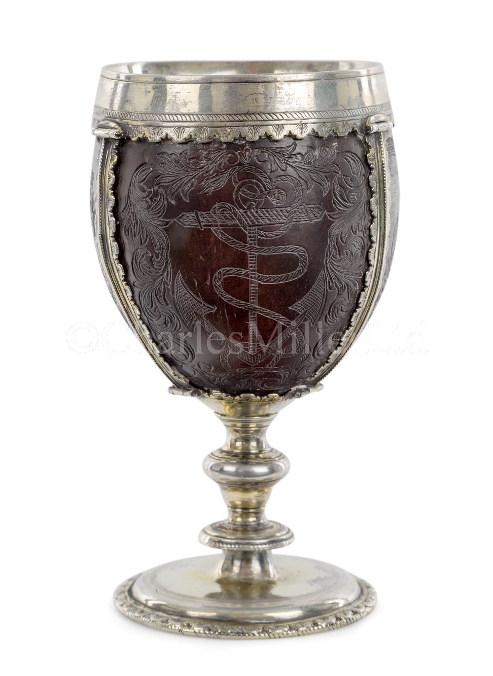 Lot 139 - AN EARLY 18TH CENTURY COCONUT CUP MOUNTED IN